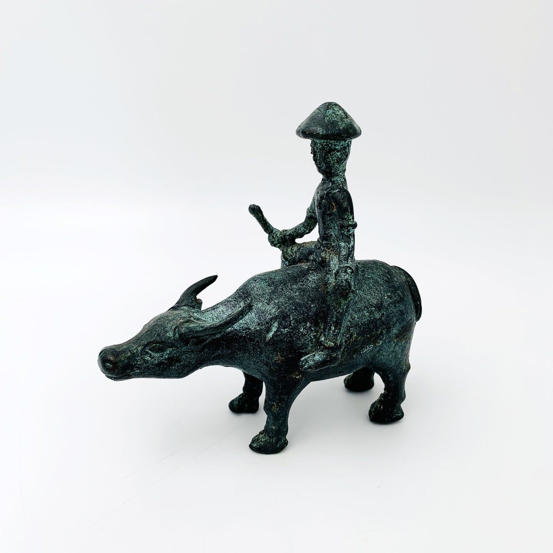 Vintage Asian Bronze Figure, Farm Worker on Water Buffalo, Decorative ...