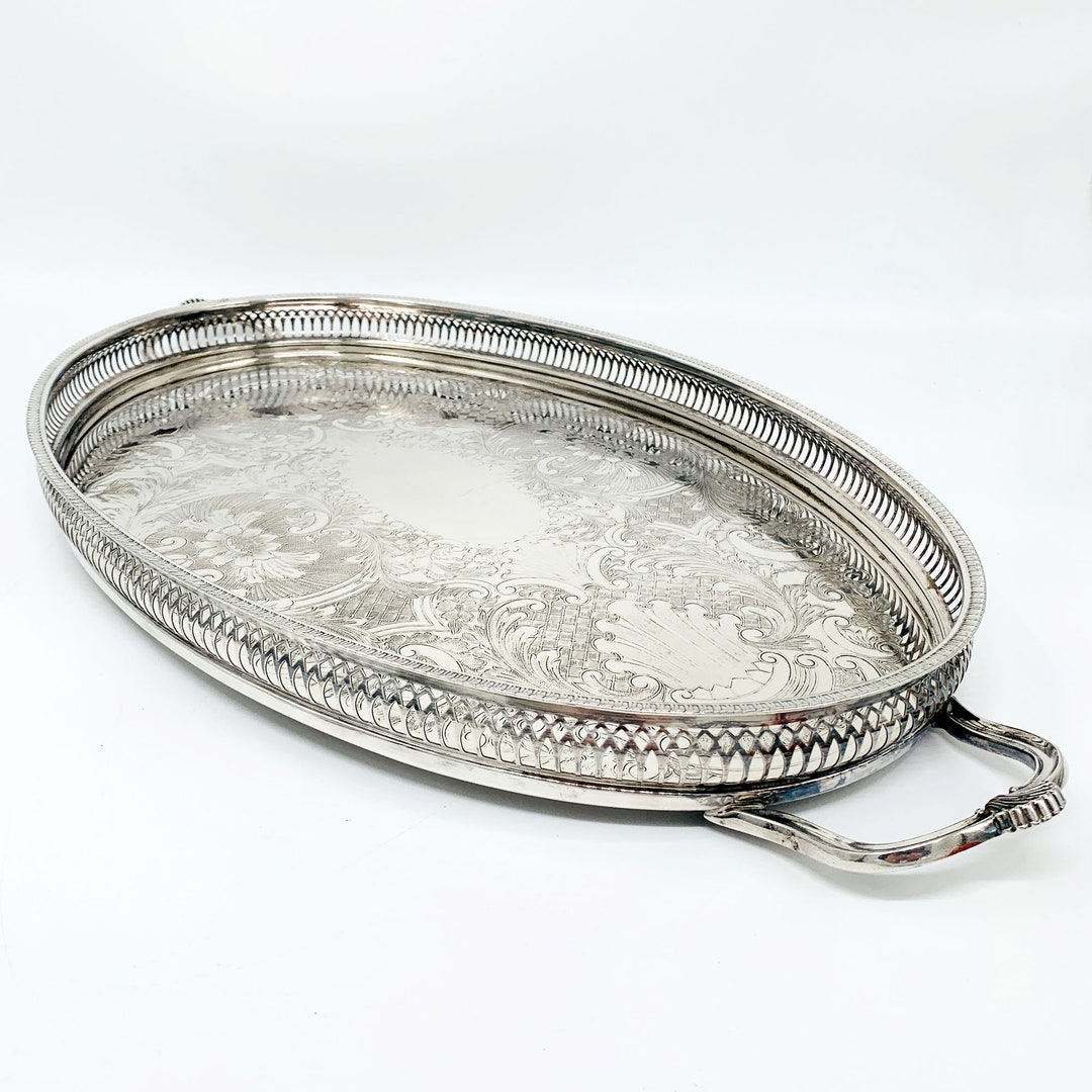 Large Silver Plated Footed Tray With Handles, Footed Serving Tray With ...