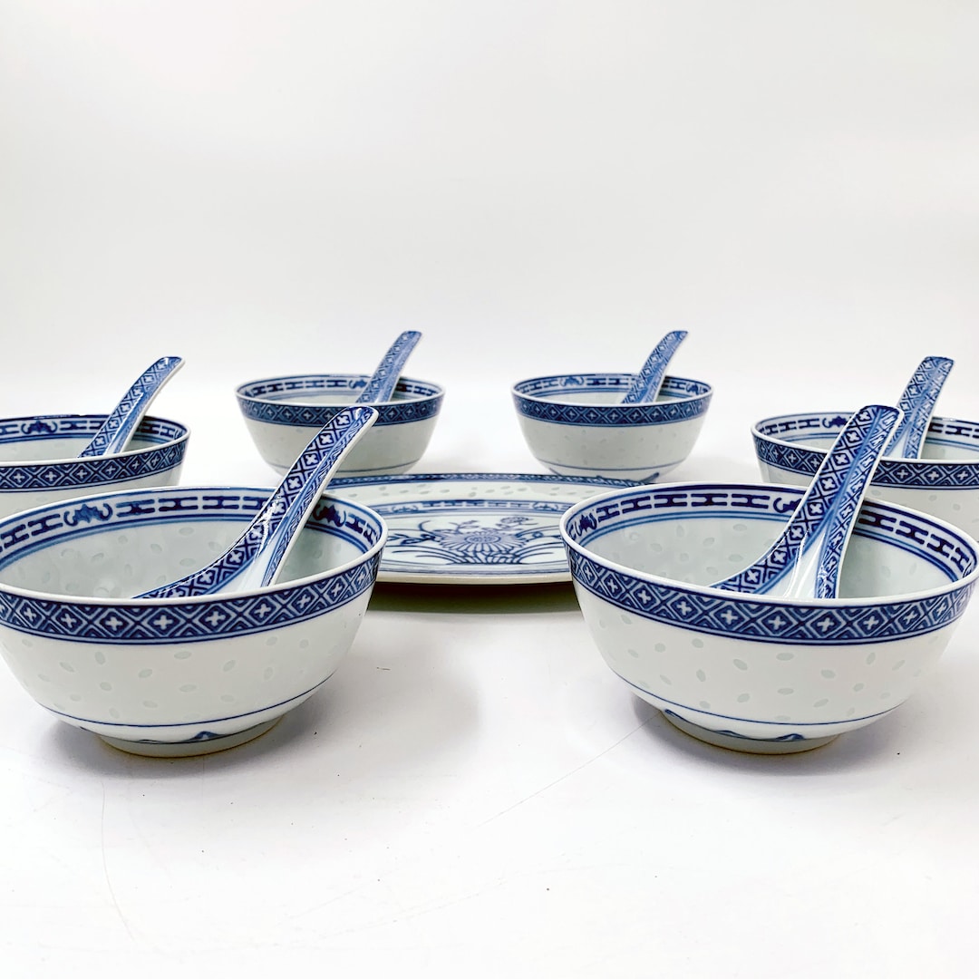 Set of 6 Chinese Rice Grain Bowls, 6 Matching Spoons and Small Serving ...