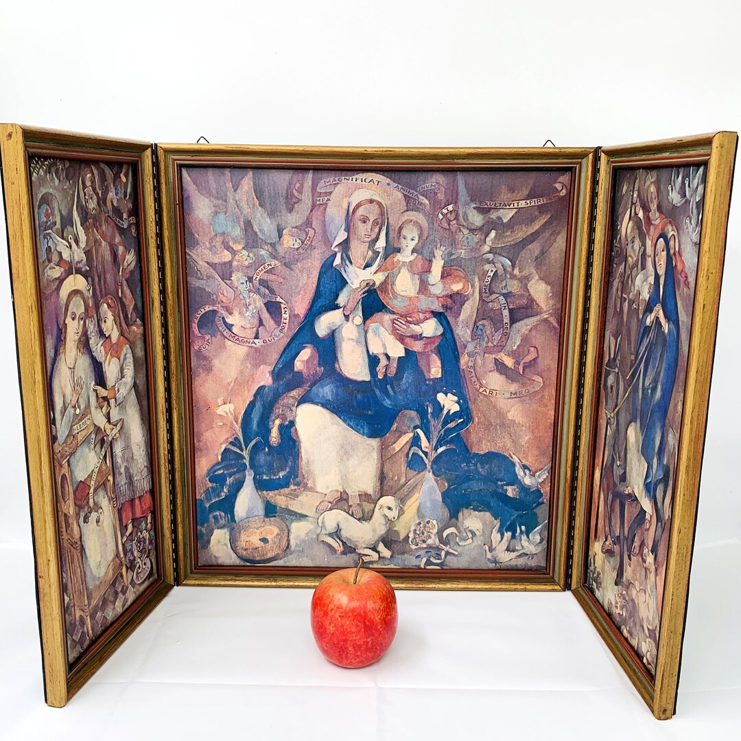 Large Vintage Religious Triptych, Triptych or Framed Wood Panels, Triptych Biblical Scenes ...