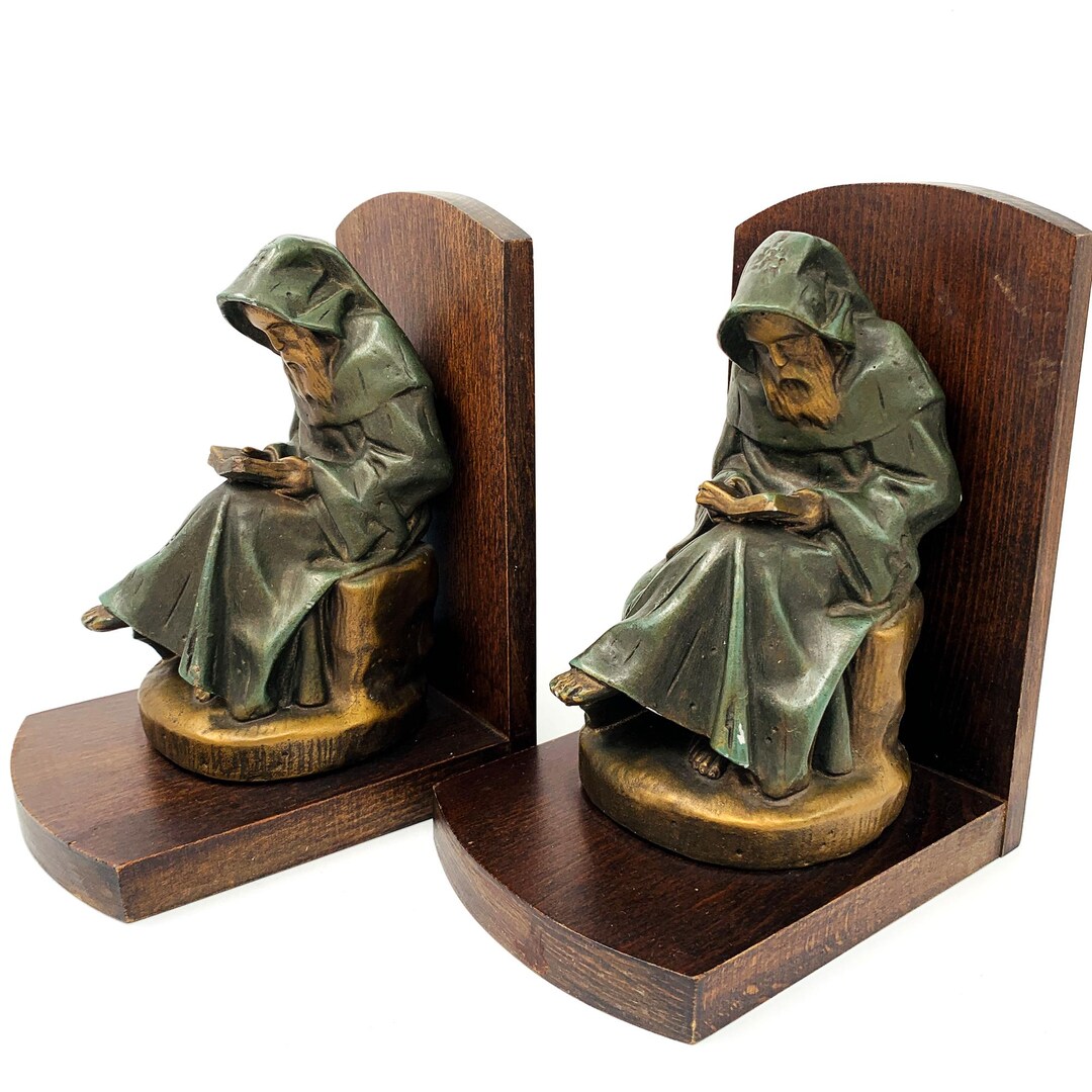 Pair of Heavy Bookends, Depicting 2 Old Abbey Monks Reading a Book ...