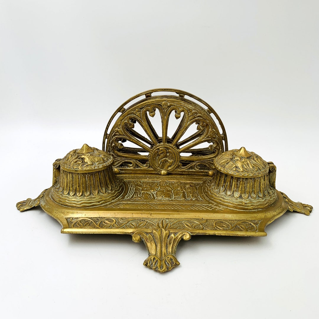 Vintage Brass Ink Set and Letter, Paper and Envelope Holder, With 2 ...