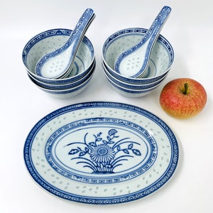 Set of 6 Chinese Rice Grain Bowls, 6 Matching Spoons and Small Serving ...