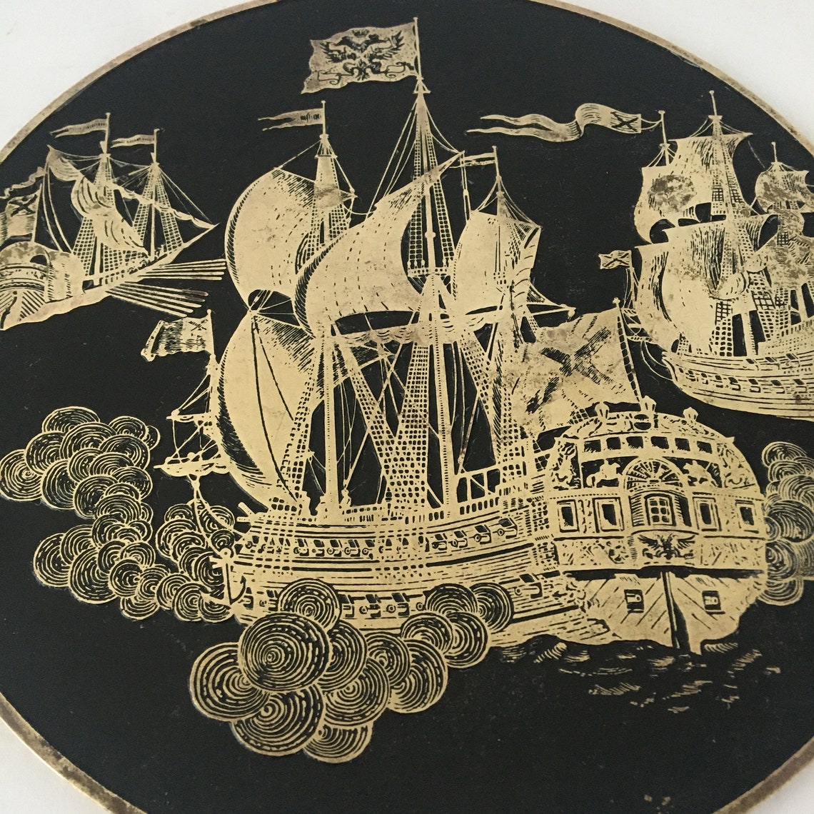 Engraving of 3 Ships on a Round Copper Plate Table Top Home - Etsy