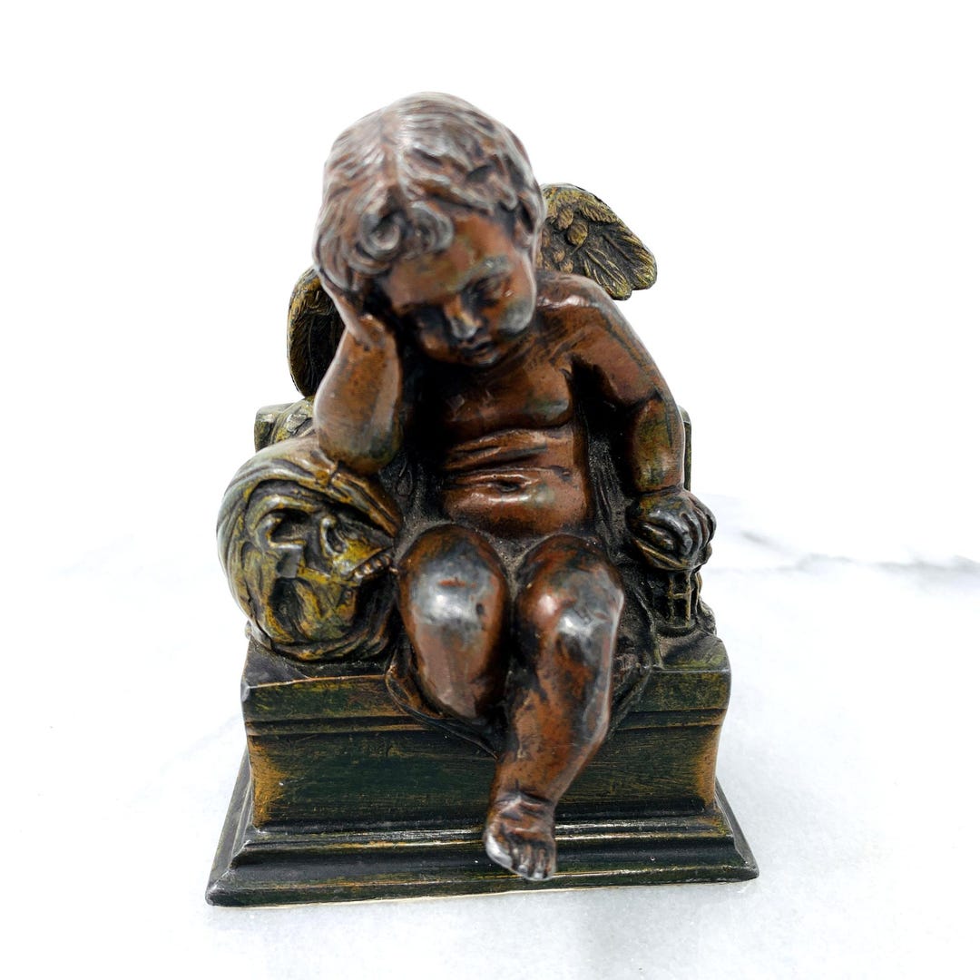 Bronze Statuette "l’ange Pleureur", a Seated Weeping Cherub Leaning on ...