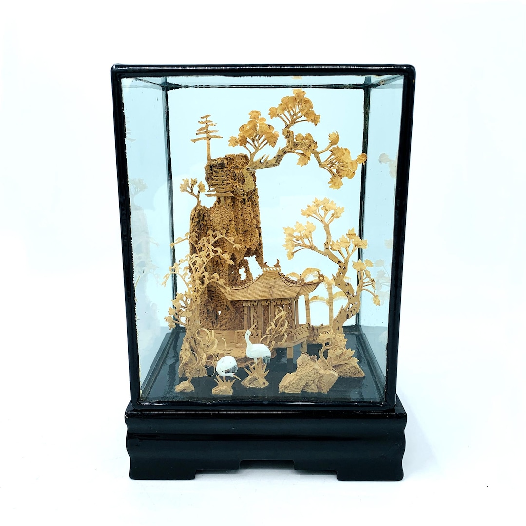 Carved Cork Diorama With a Black Lacquered Wood Frame, Refined Chinese ...