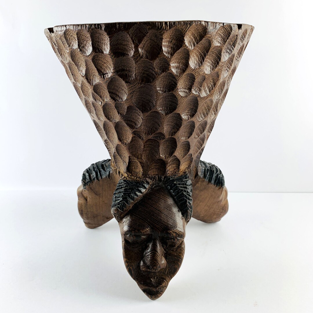 Vintage African Sculpture in Wood , 3 African Heads Carrying a Round ...