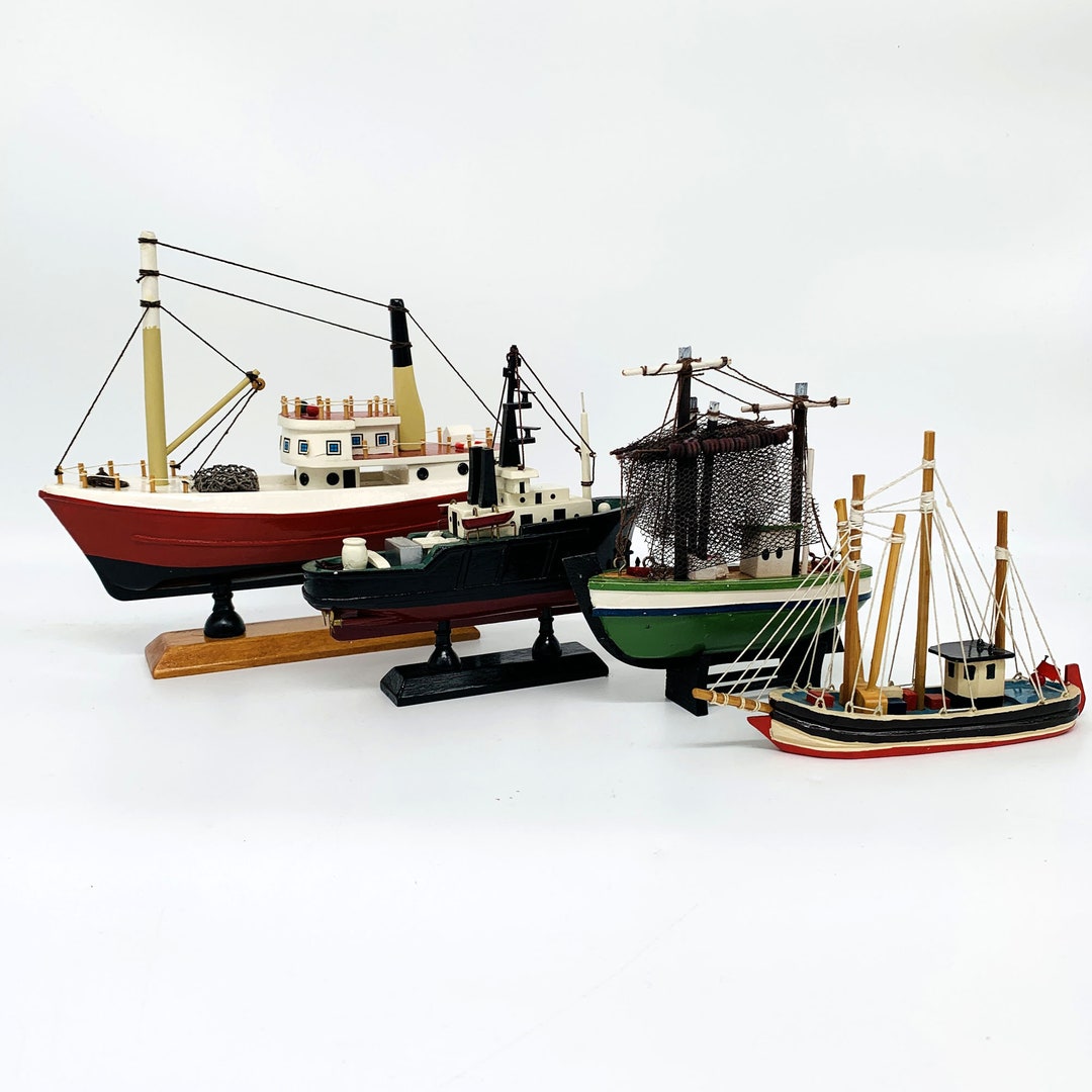 Set of 3 Fishing Boats and 1 Tugboat All Handcrafted of Wood ...