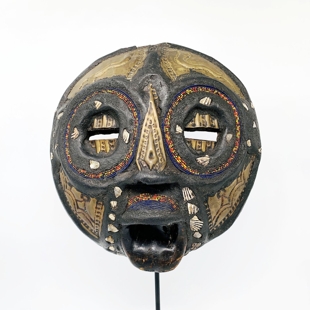 African Wooden Beaded Mask Hand Carved by the Ashanti People in Ghana ...