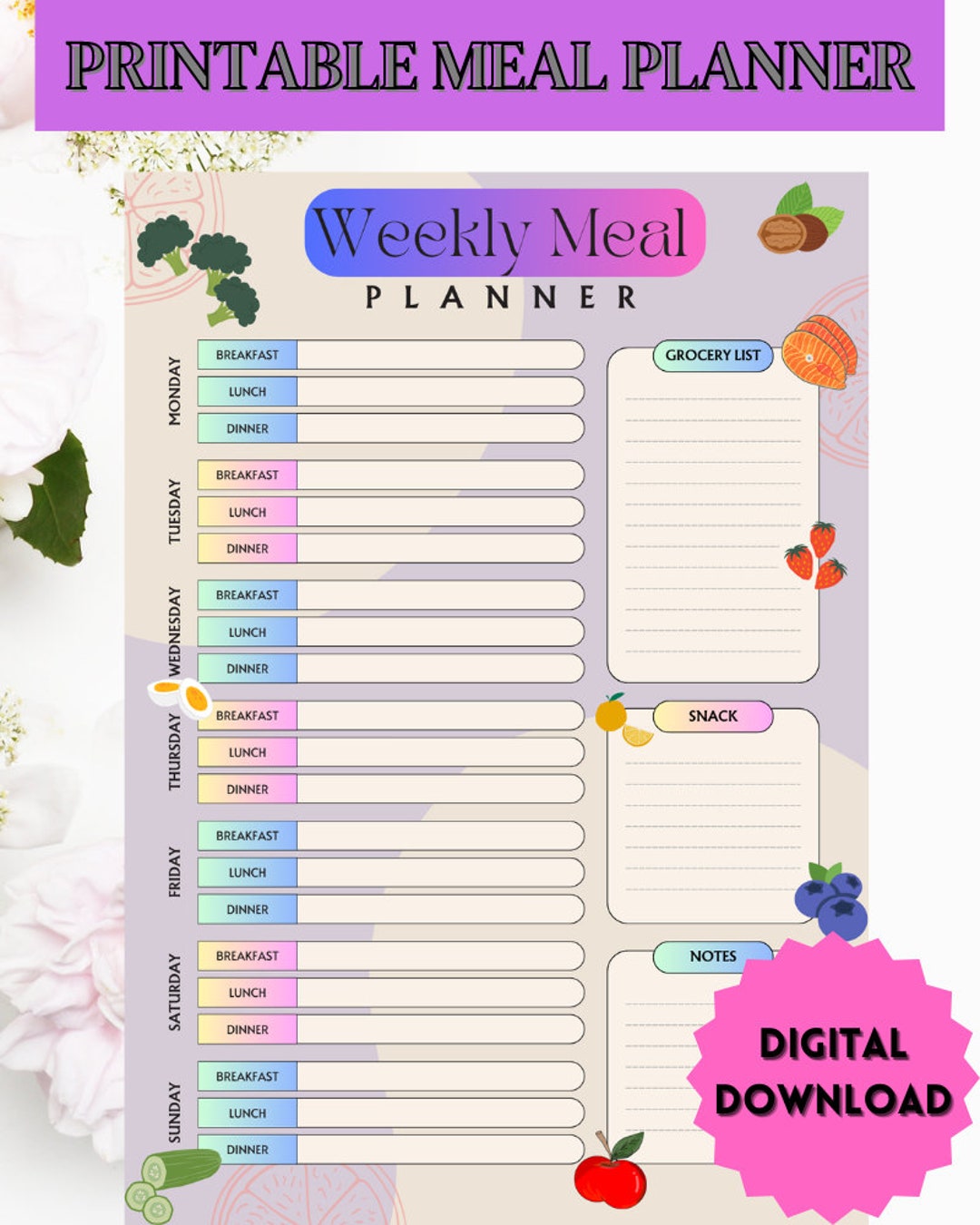 Printable Weekly Meal Planner | Food Prep Log | Diet Planner | A4 ...