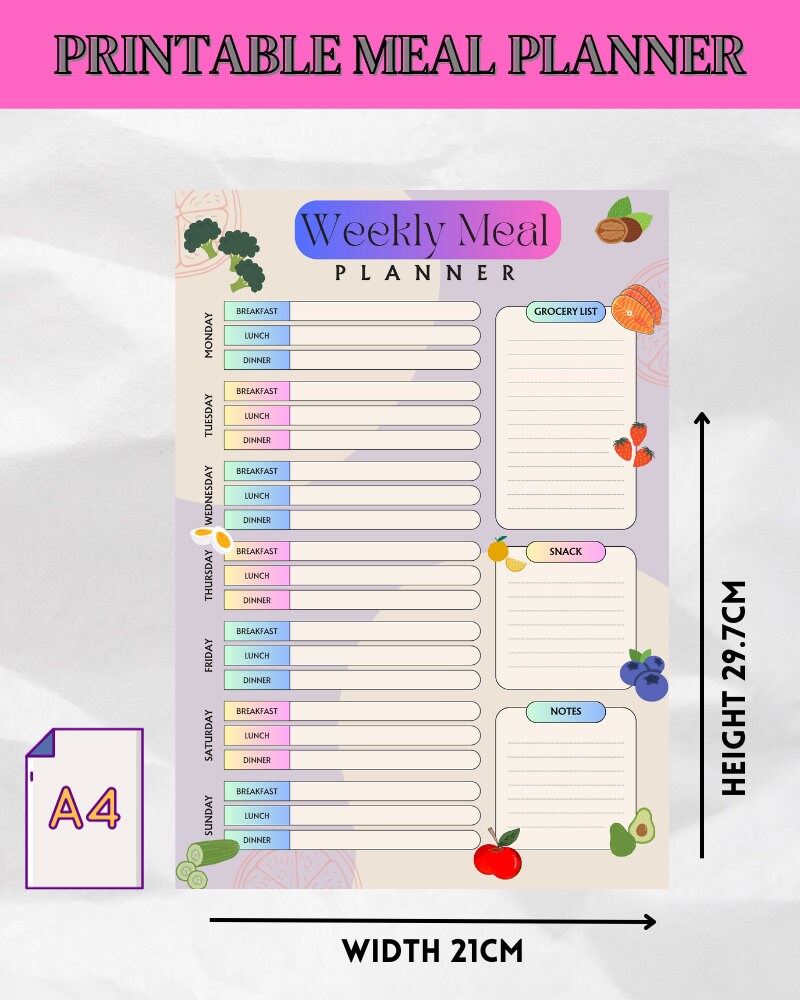 Printable Weekly Meal Planner | Food Prep Log | Diet Planner | A4 ...