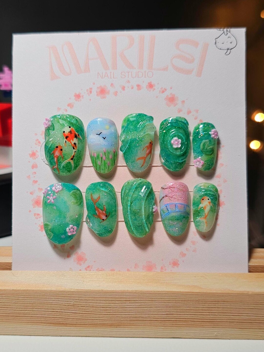 Koi Fish Nails Monet Water Lilies Nail Art Luxury Fake Press on Nails ...