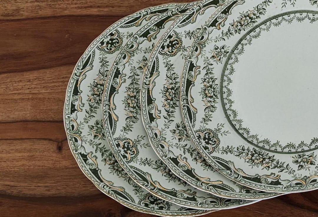 Antique Set of 4 King Edward Semi Porcelain Dinner Plates, Green Floral ...