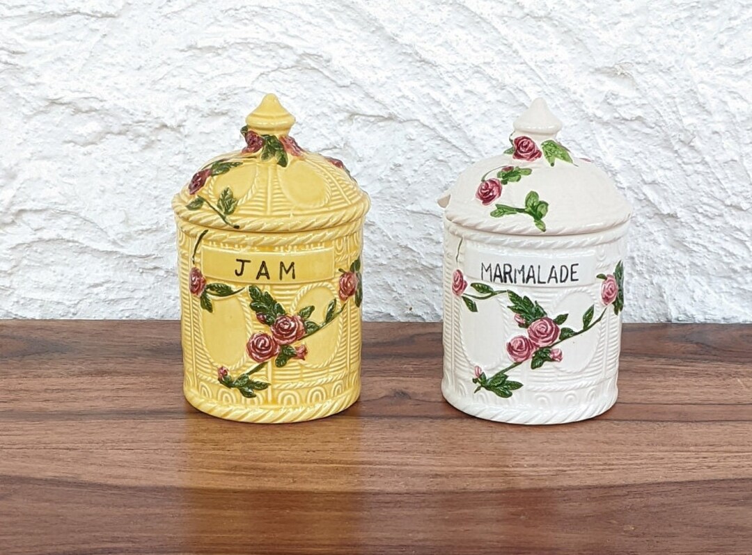 Vintage Pair of Ceramic Kitchen Lidded Jars, Marmalade and Jam, White ...