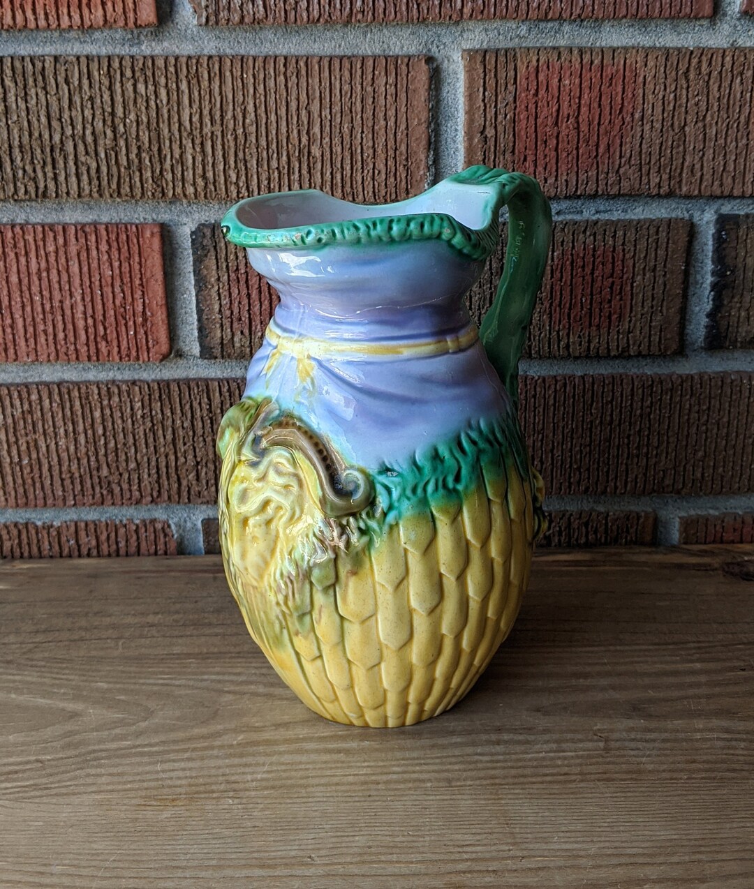 Antique Victorian Era Majolica Ram Head Pitcher, Purple, Green and ...
