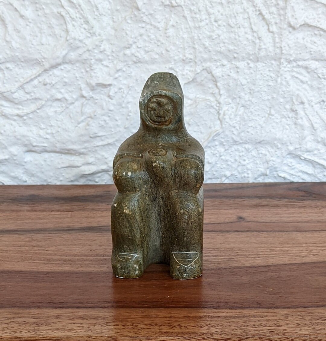 Vintage Green Inuit Soapstone Sculpture, Mother and Infant, Artist ...