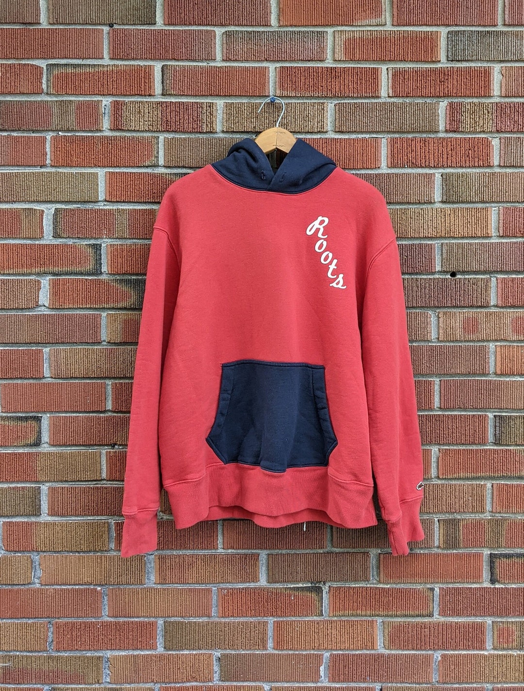 Vintage Men's Roots Red and Navy Colour Block Hooded Pullover ...