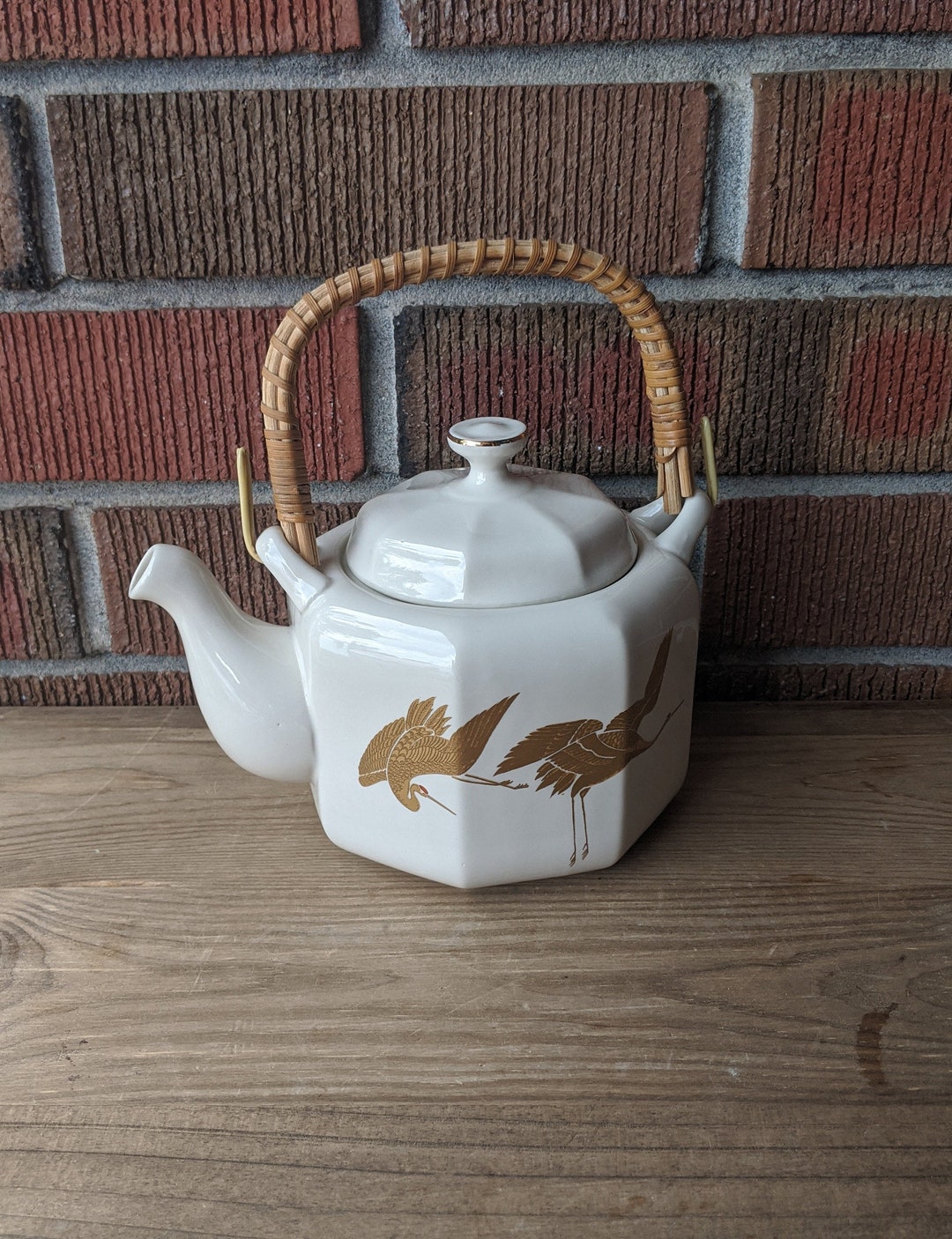 Vintage Otagiri Japan Teapot, White With Gold Cranes and Rattan Handle ...