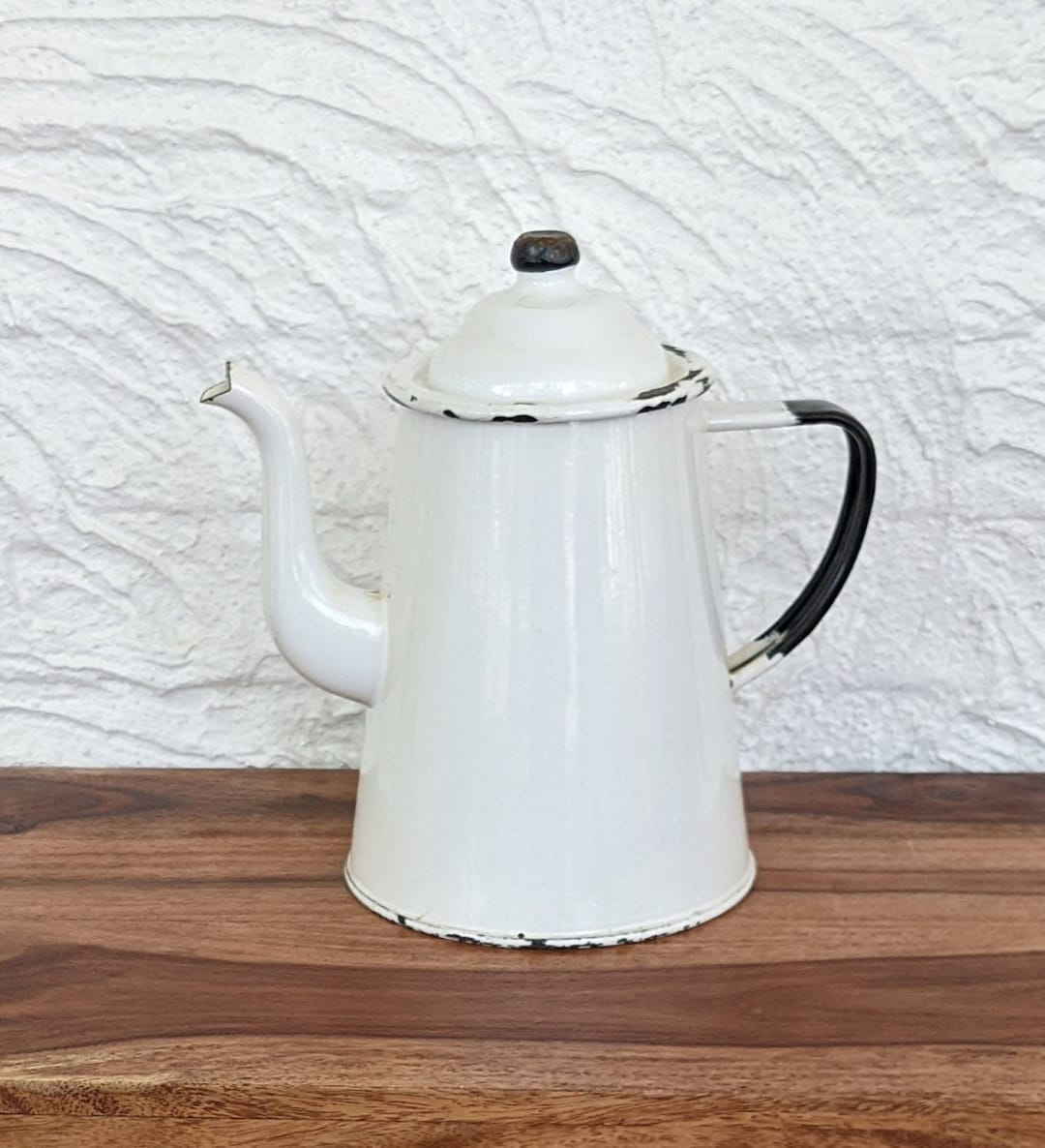 Vintage White Enamel Tall Kettle With Black Handle, Cottagecore ...