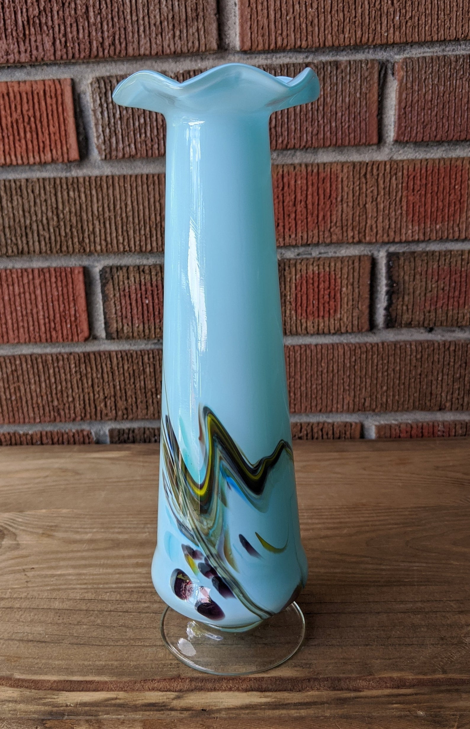 Tall Sky Blue Art Glass Vase, Ruffled Top Fluted Vase, Multi Colour ...