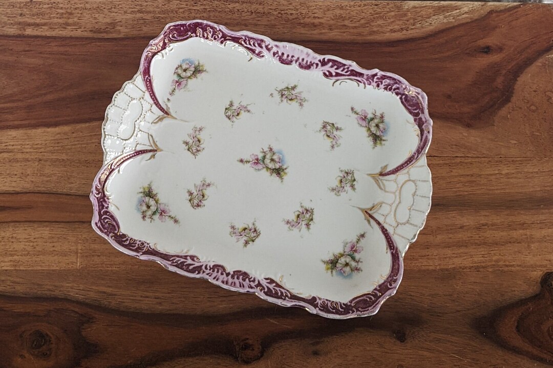 Antique Victorian Era Tray, Burgundy With Floral Design and Gilding ...