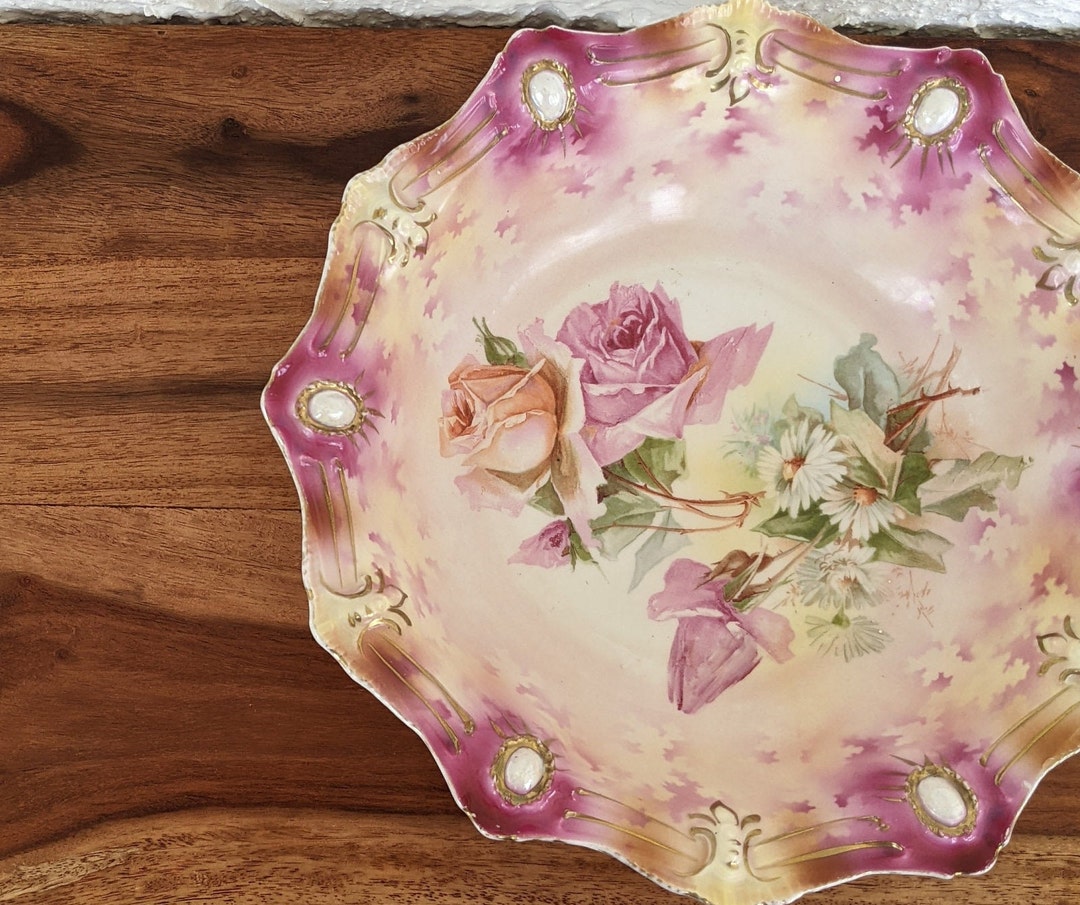 Antique RS Prussia Bowl, Hand Painted Pink Roses, Scalloped Edges With ...
