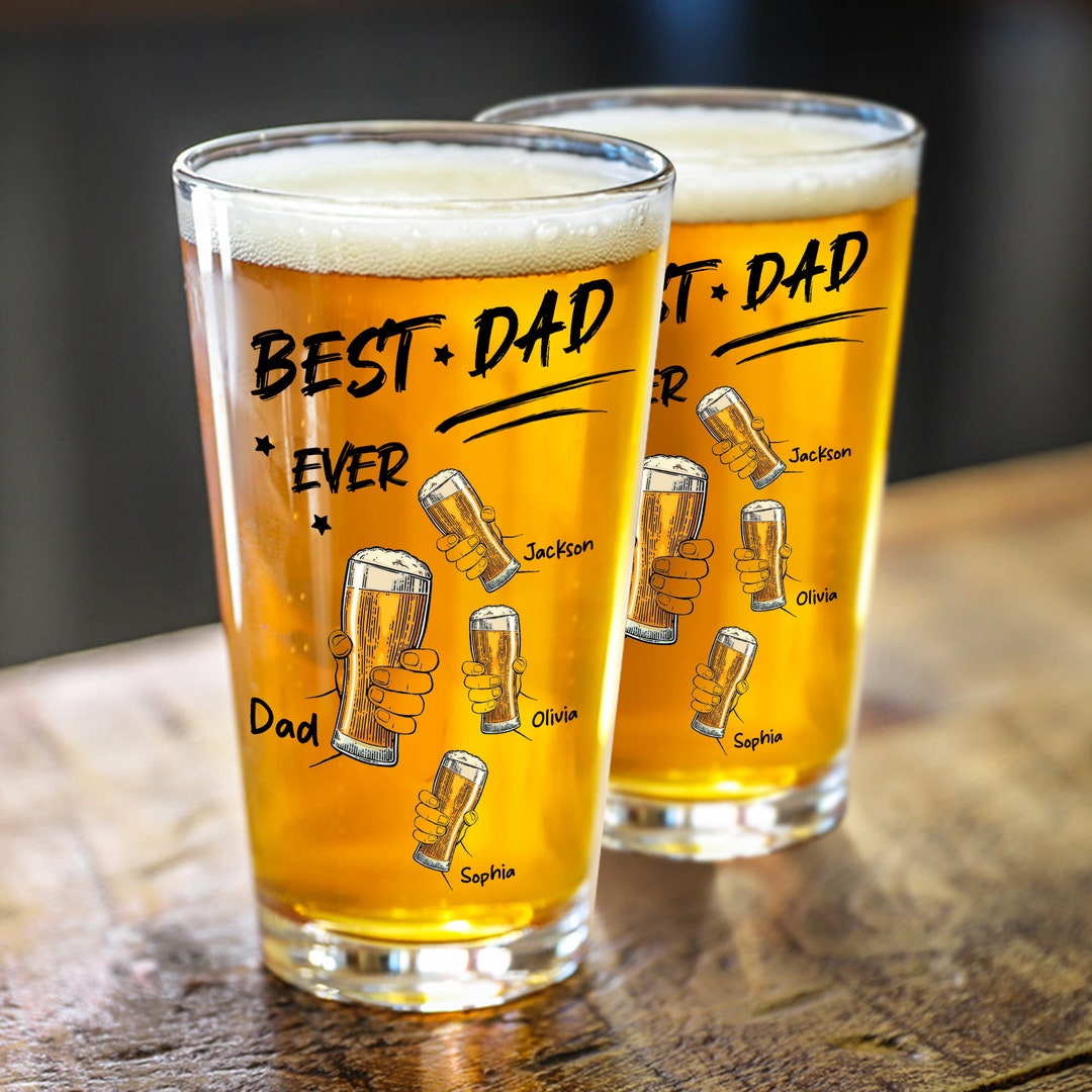 Best DAD Ever First Bump With Kids Names Glass Beer, Dad Personalized ...