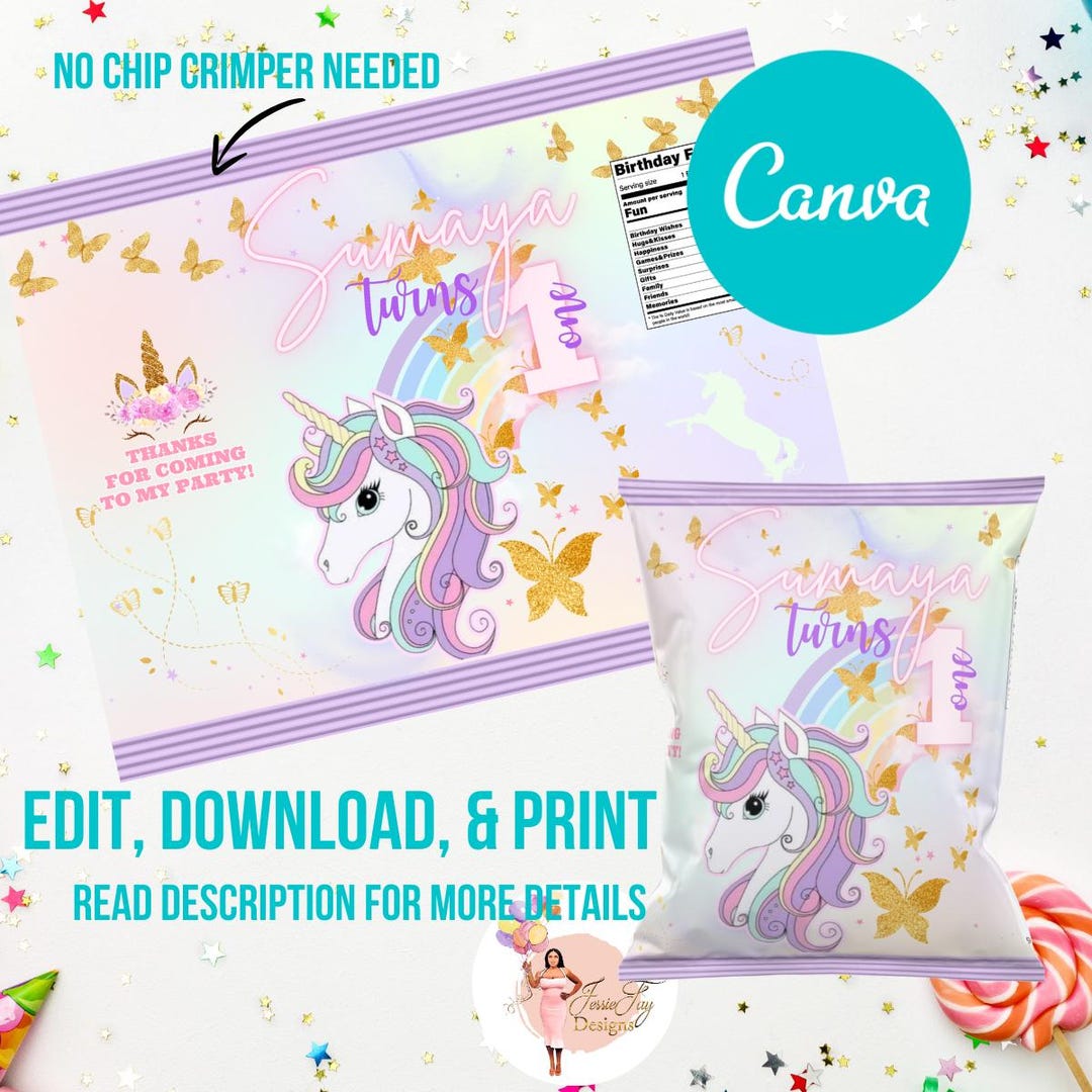 Editable Unicorn Chip Bag Label: Birthday Party Favor (digital Download ...