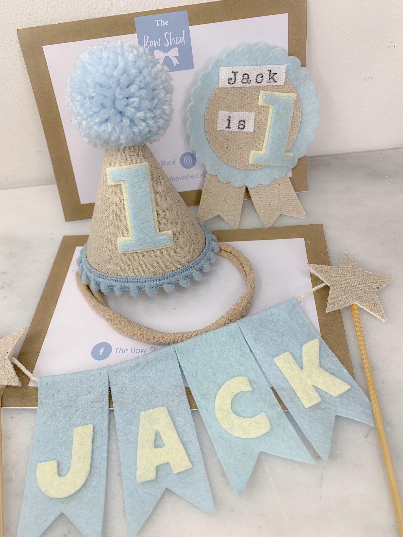 Natural Cake Topper, Baby Blue, Banner Cake Decoration, Bunting, Cream ...