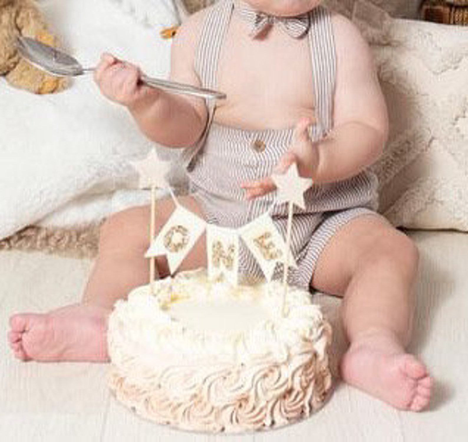 Natural Cake Topper, Baby Blue, Banner Cake Decoration, Bunting, Cream ...
