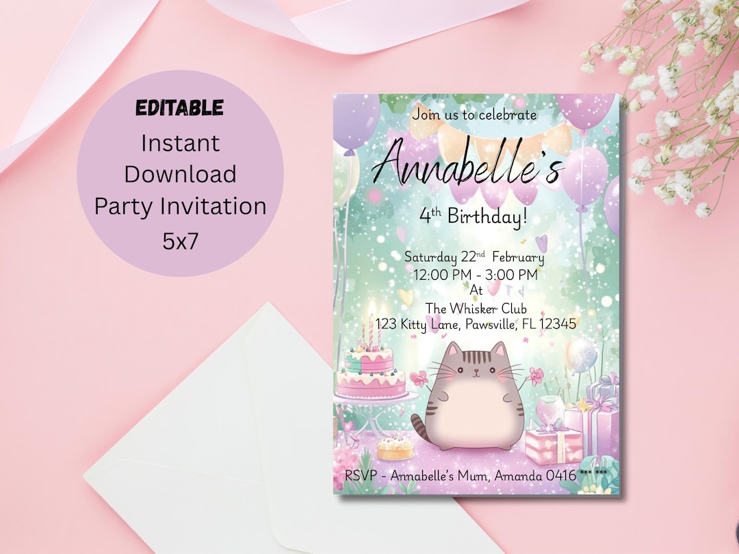 Cat Theme Invitation, Cat Party Invitation, Pusheen Style, Editable ...