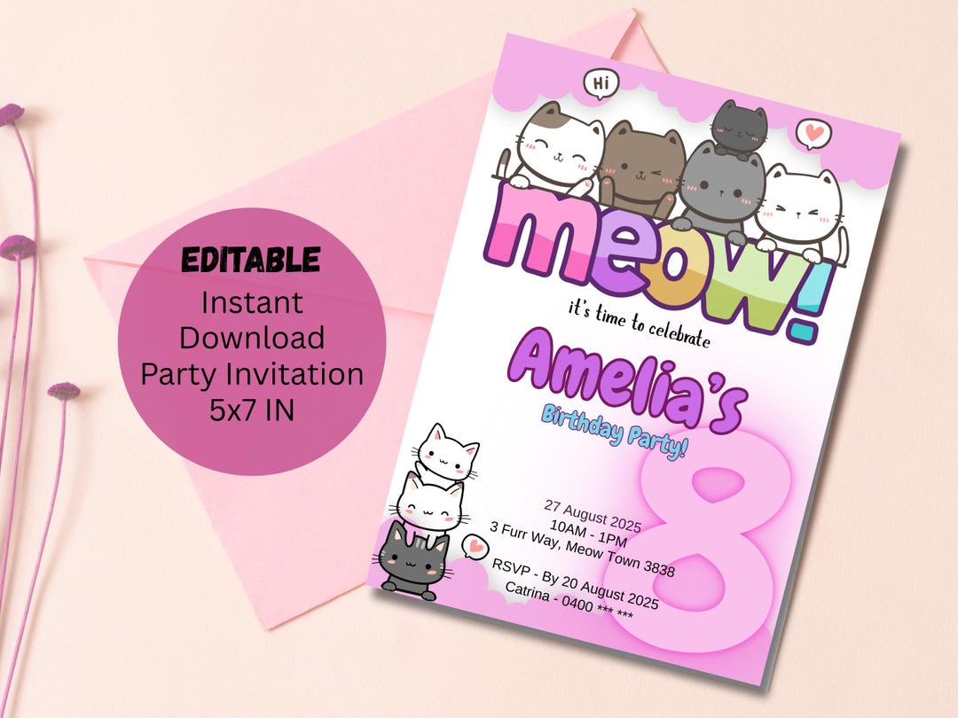 Cat Theme Invitations, Cat Party Invites, Pusheen Style, Kawaii ...