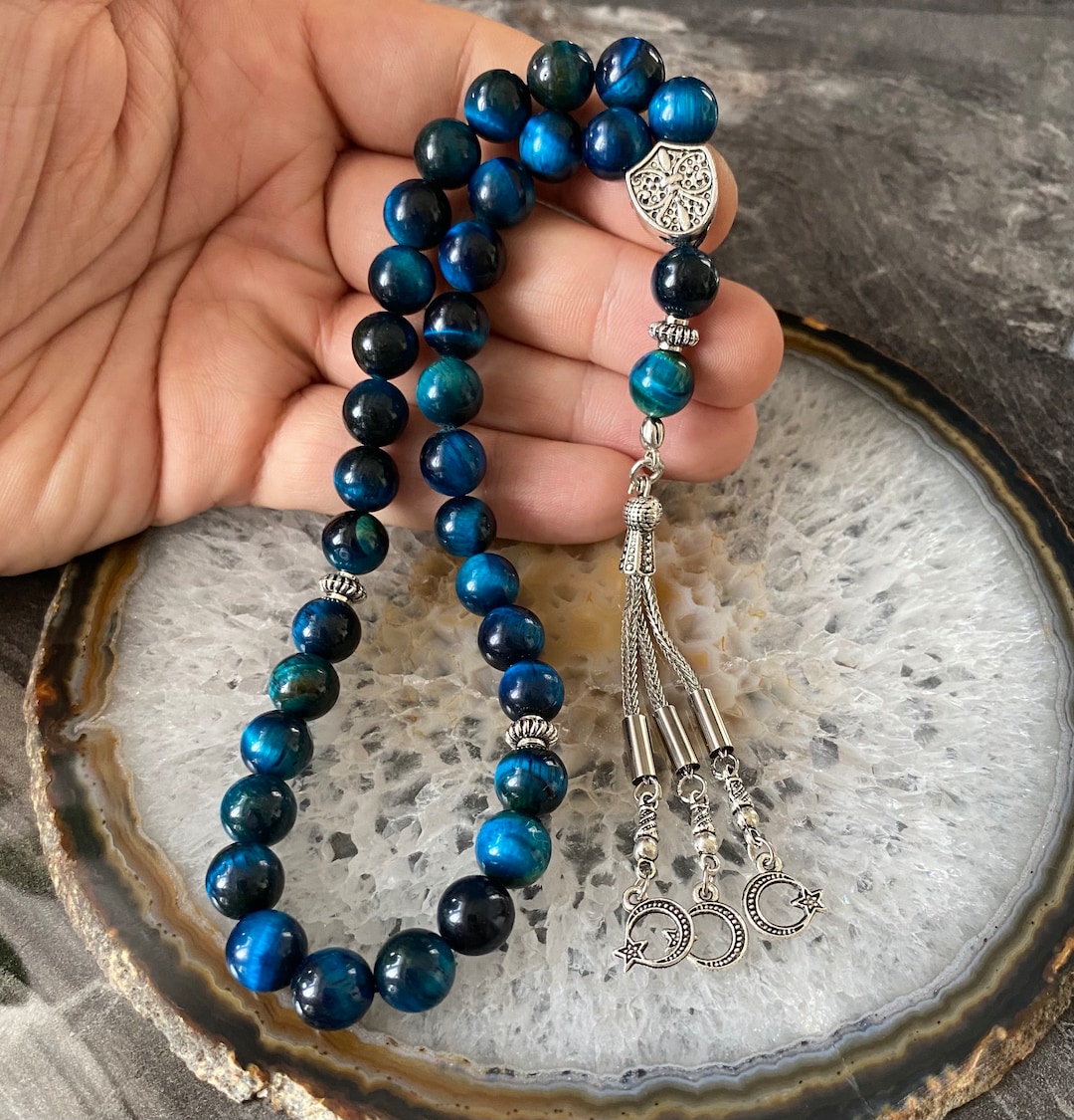 REAL Blue Tiger Eye Stone Islamic Prayer 33 Beads, Misbaha, Tasbeeh ...