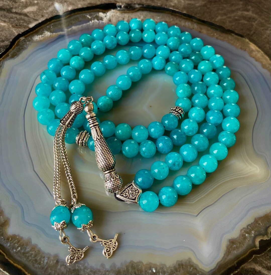REAL Blue Jade Islamic Prayer Beads, Natural Stone 99 Beads, Tasbih ...