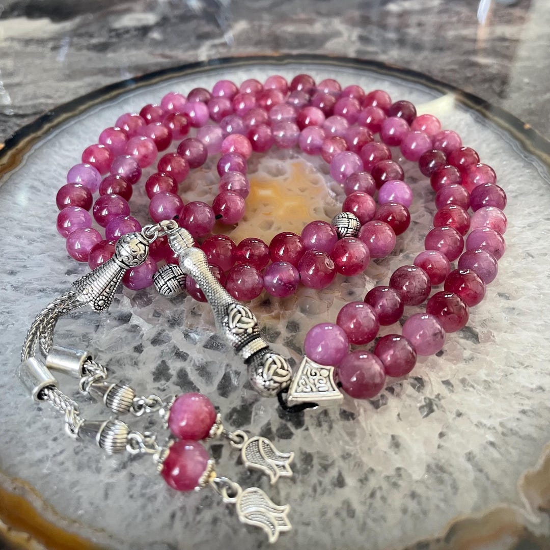 REAL Pink Jade Islamic Prayer Beads, Natural Stone 99 Beads, Tasbih ...