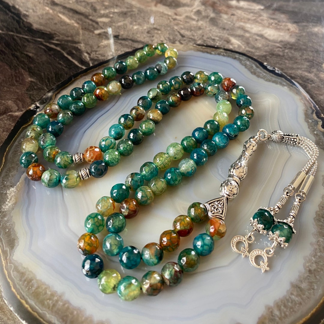 REAL Agate Aqeeq Islamic Prayer Beads, Natural Stone 99 Beads, Tasbih ...