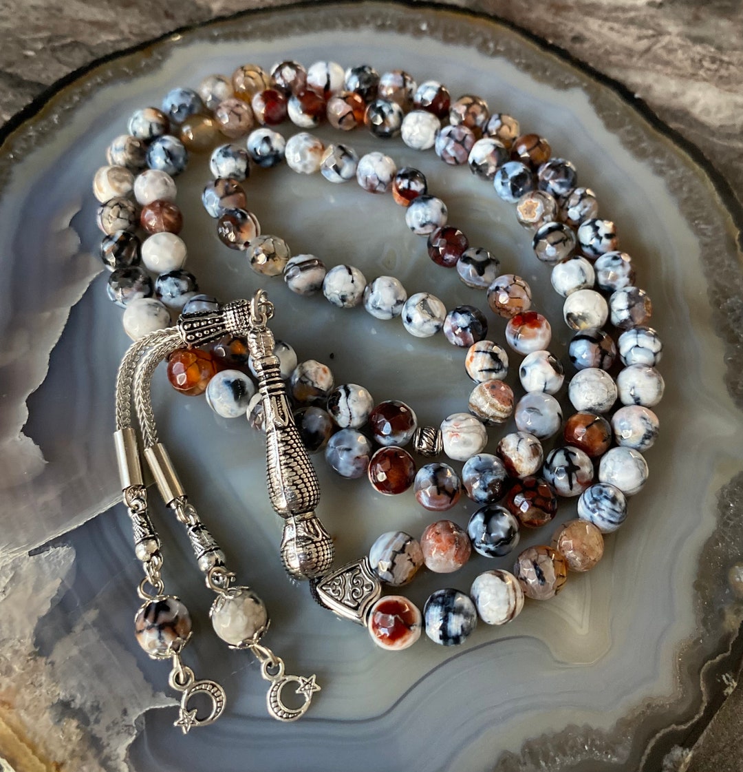 REAL Agate Aqeeq Islamic Prayer Beads, Natural Stone 99 Beads, Tasbih ...