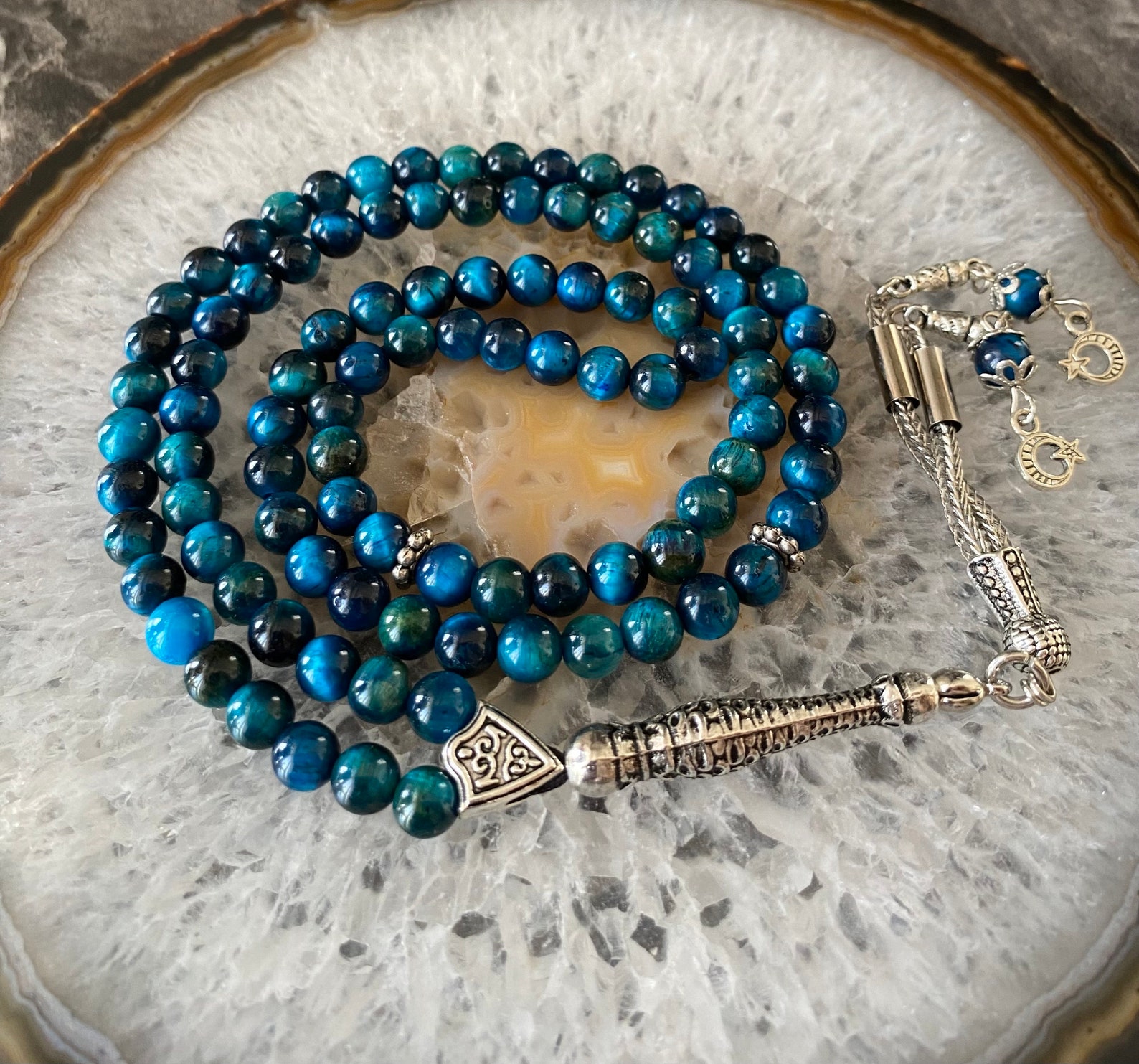 REAL Blue Tiger Eye Islamic Prayer Beads, Natural Stone 99 Beads, Worry ...