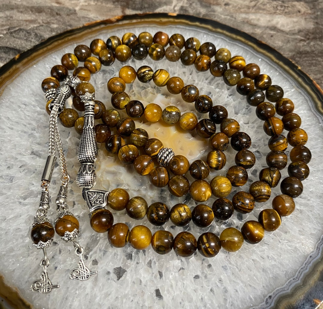 REAL Tiger Eye Islamic Prayer Beads, Natural Stone 99 Beads, Tasbih ...