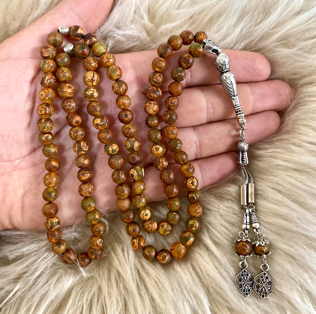REAL Agate Aqeeq Islamic Prayer Beads, Natural Stone 99 Beads, Tasbih ...