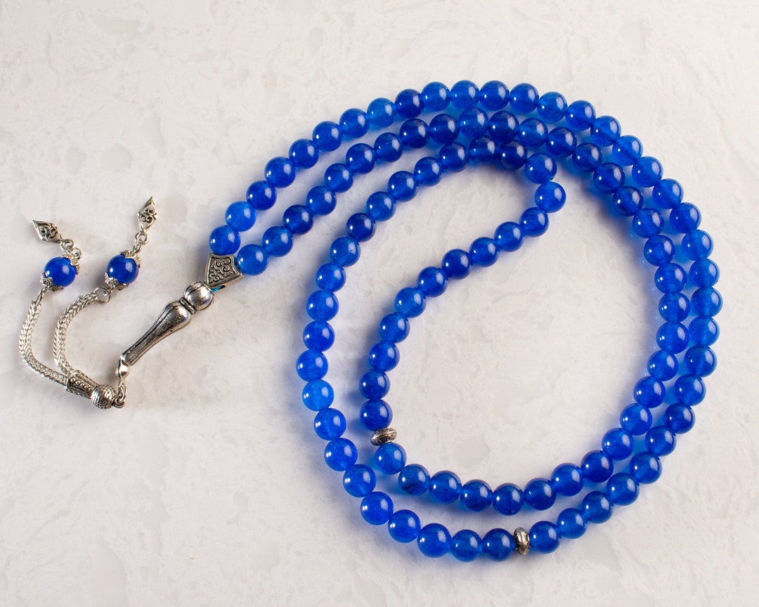 REAL Blue Jade Islamic Prayer Beads, Natural Stone, Tasbeeh 99 Beads ...