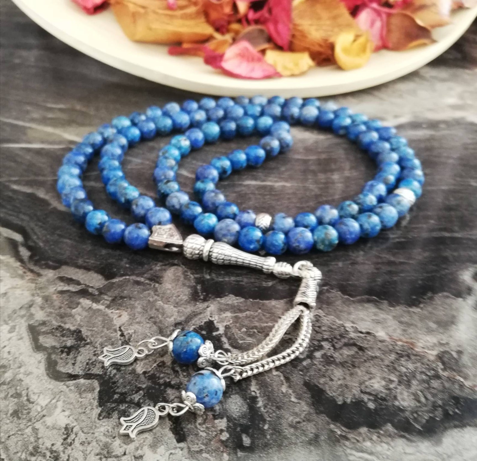 REAL Blue Jade, Islamic Prayer Beads, Natural Stone, 99 Beads, Tasbih ...