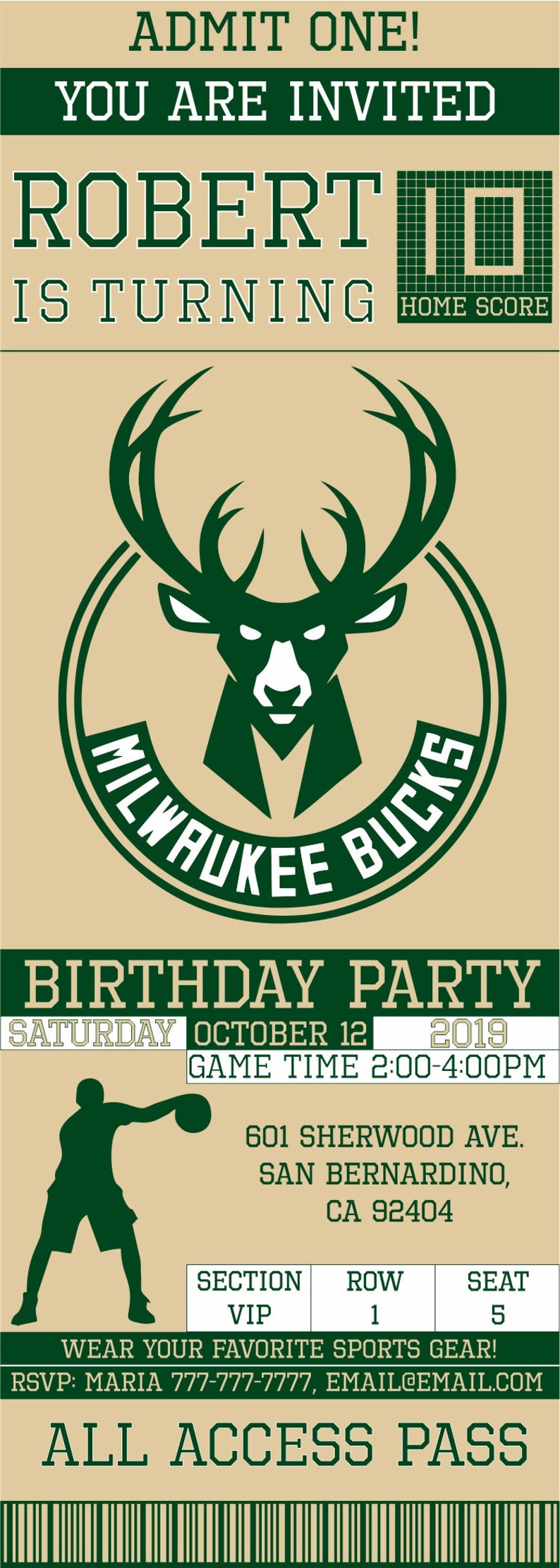 Milwaukee Bucks Birthday Invitation Ticket Invitation Bucks | Etsy