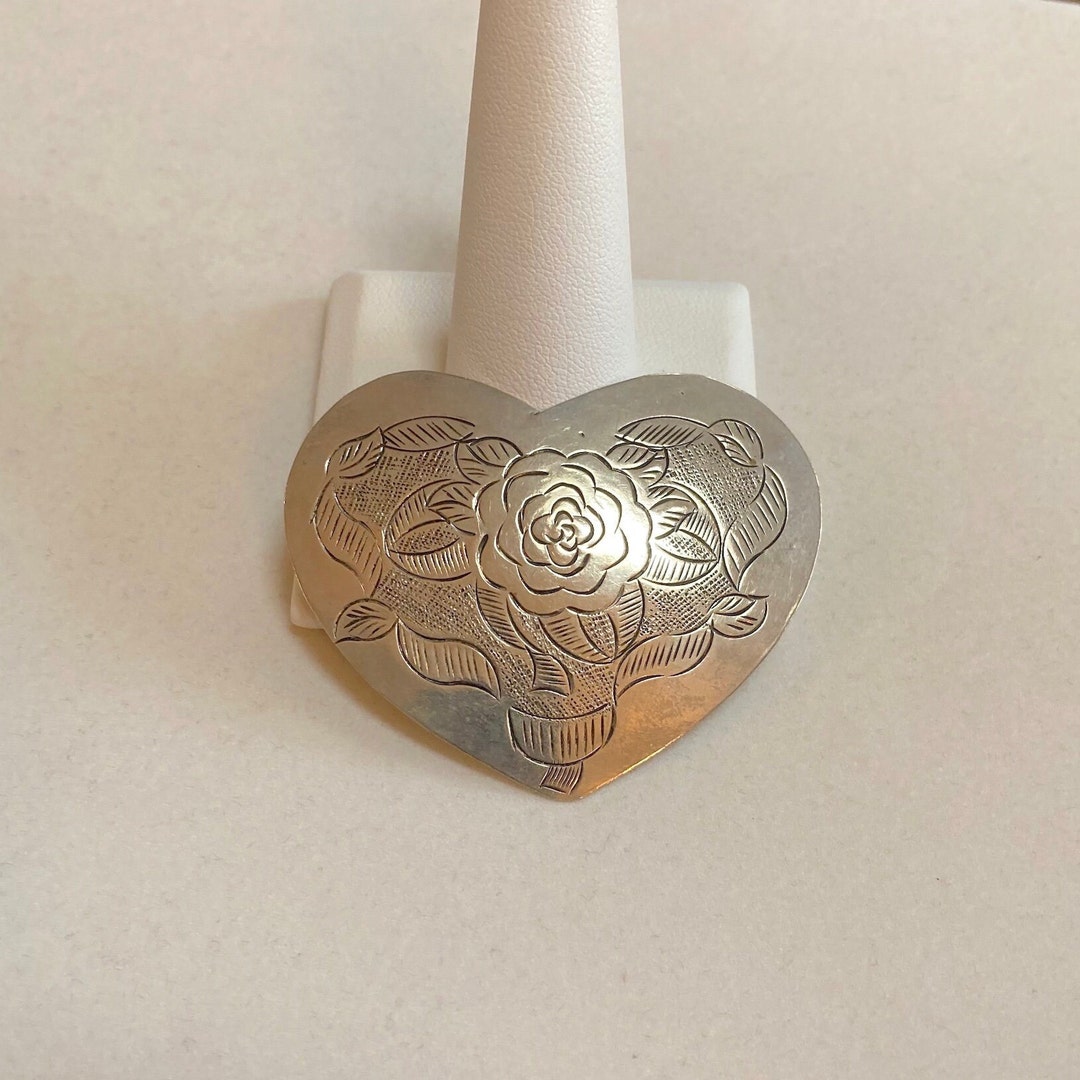 Large Floral Etched Heart Silver Pin Brooch 6.4g Vintage - Etsy