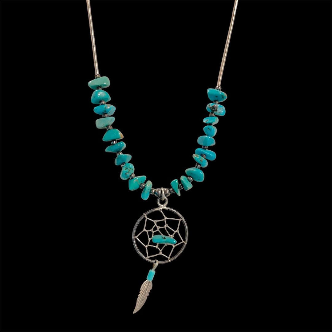 Navajo Turquoise Nuggets Liquid Silver Dream Catcher Feather Dangle 16 ...