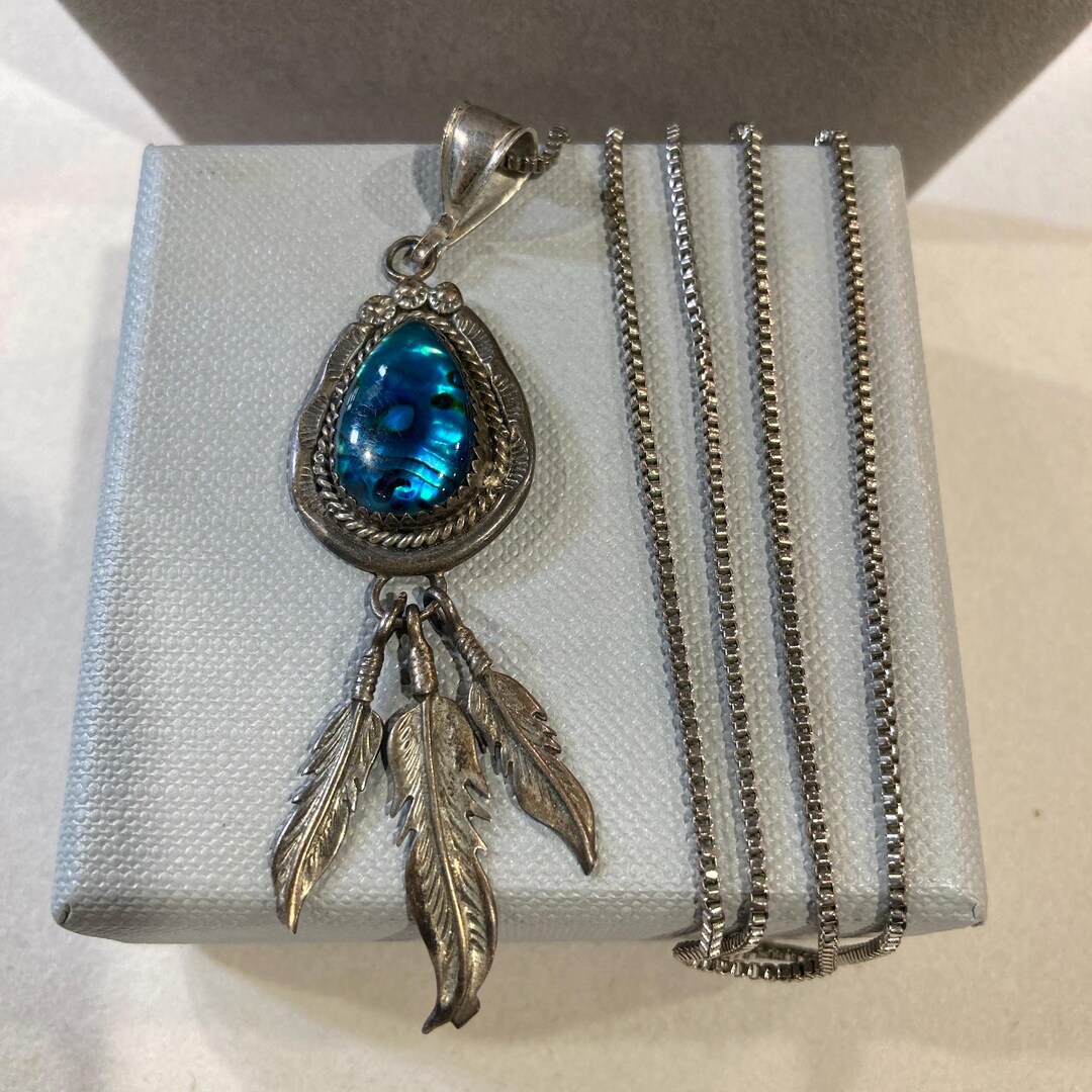 Navajo Vintage Old Pawn Abalone Shell Triple Feather Sterling Silver ...