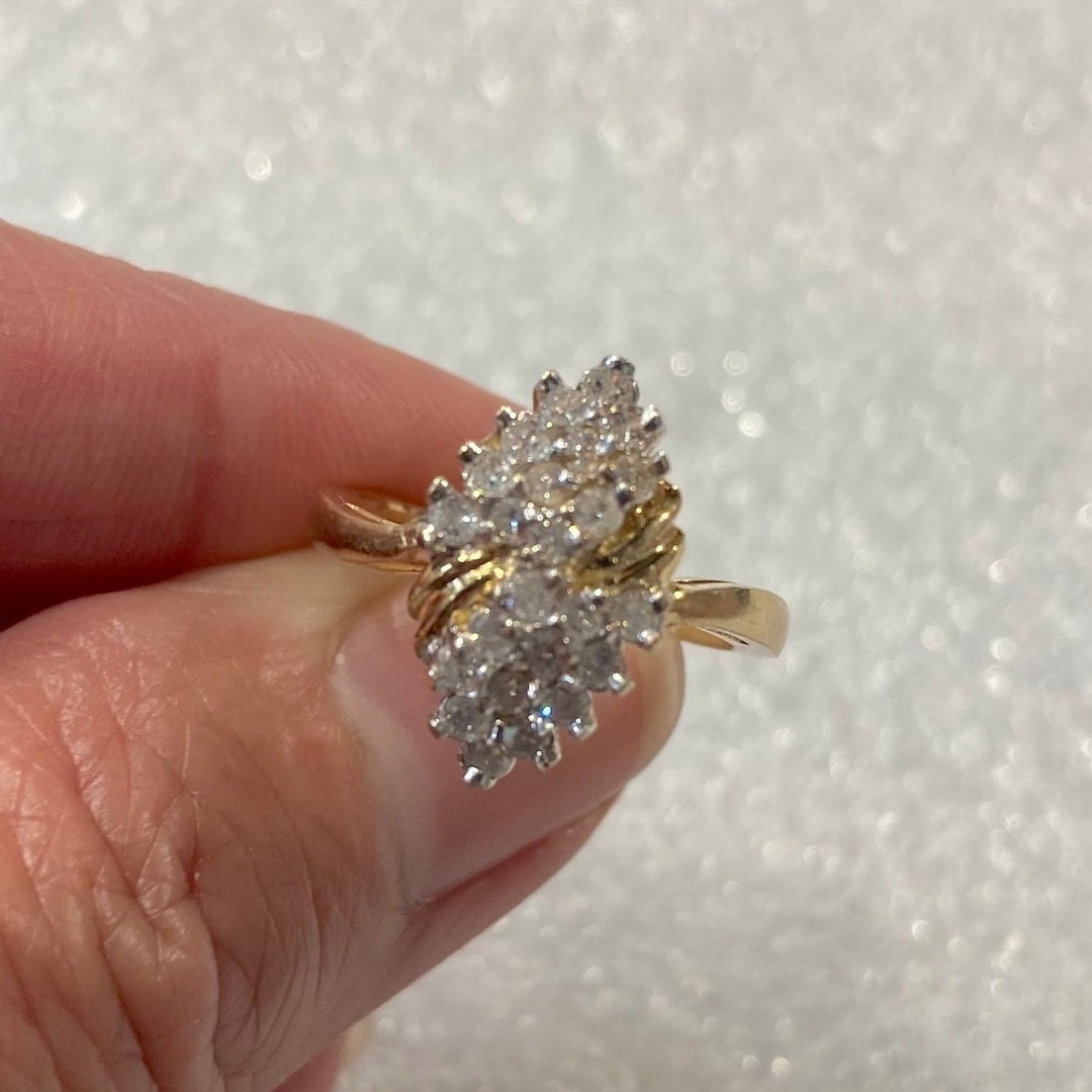 14K Solid Yellow Gold Diamond Waterfall Cluster Cascade Ring Size 5.25 ...