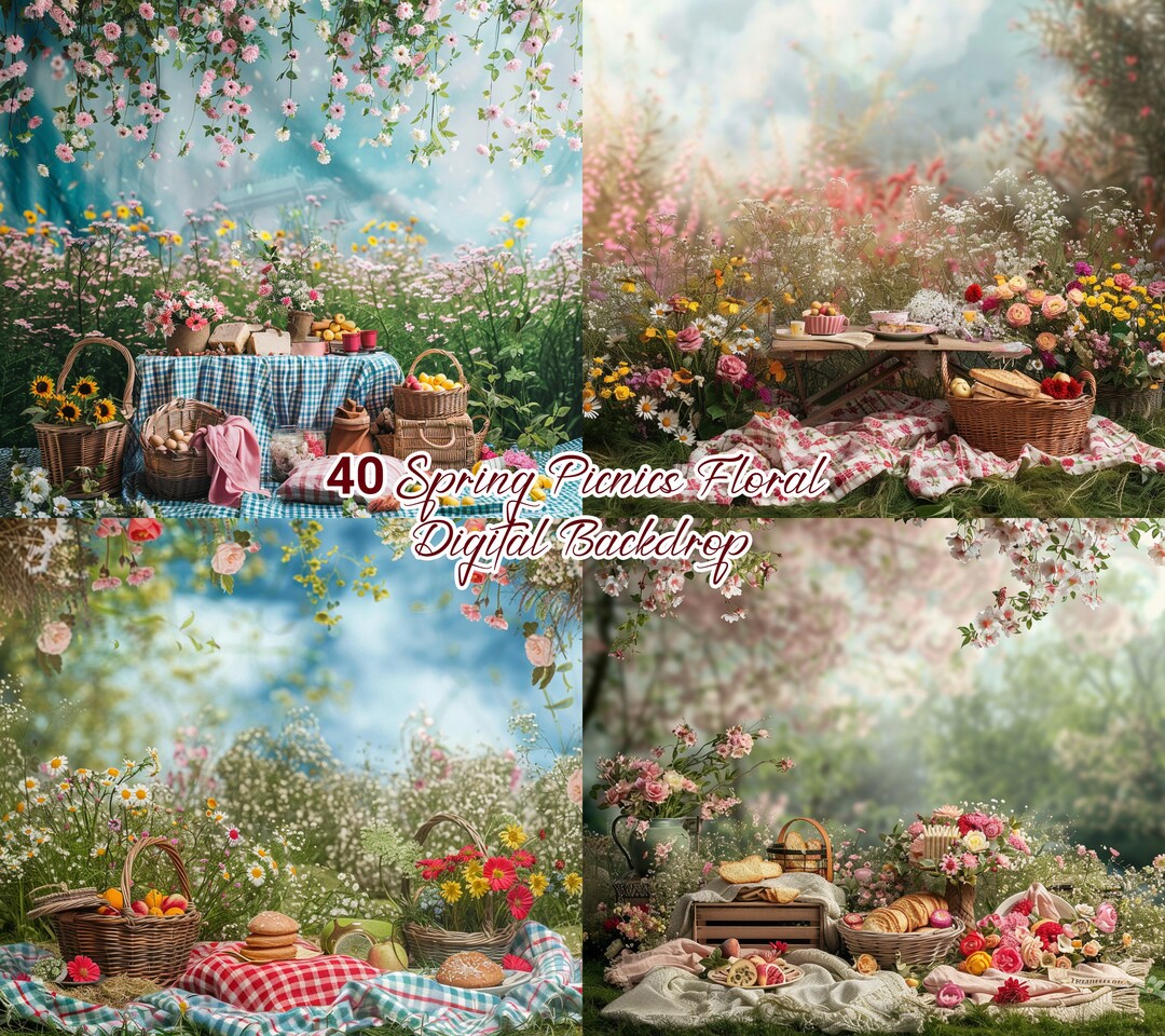 Spring Picnic Floral Digital Backdrops, Blossom Outdoor Photo ...