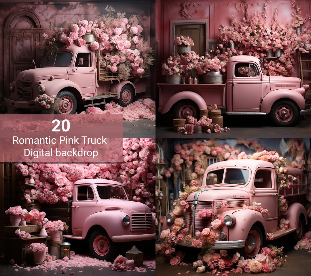 Romantic Pink Pickup Truck Digital Backdrops, Wedding Family Maternity ...