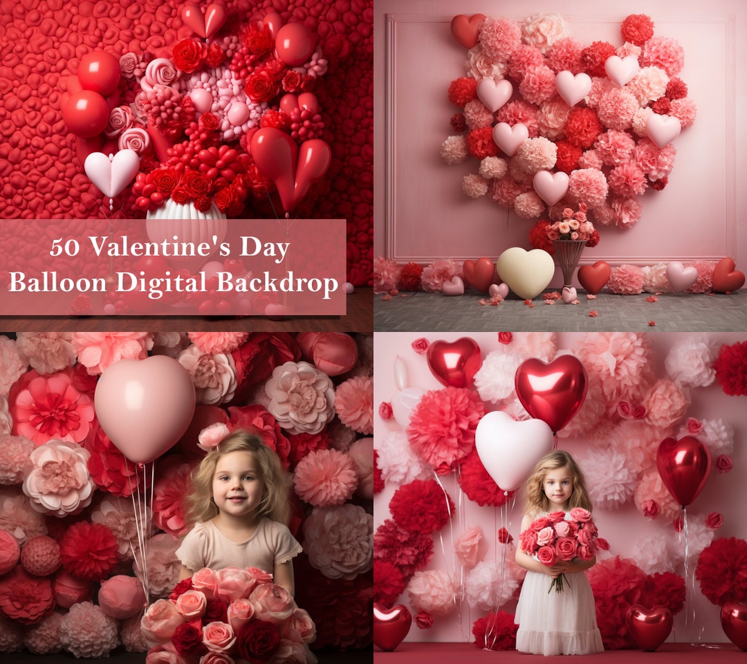 Valentine's Day Balloon Digital Backdrop, Heart Balloons for Valentines ...